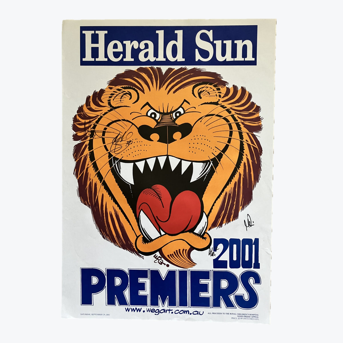 Brisbane Lions 2001 Signed WEG Premiers Poster – Blue Tongue Boab